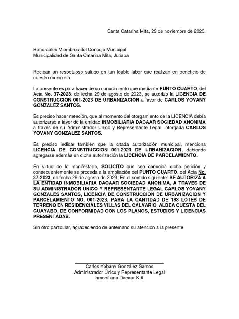 Solicitud Concejo Municipal Santa Catarina Mita Jutiapa | PDF