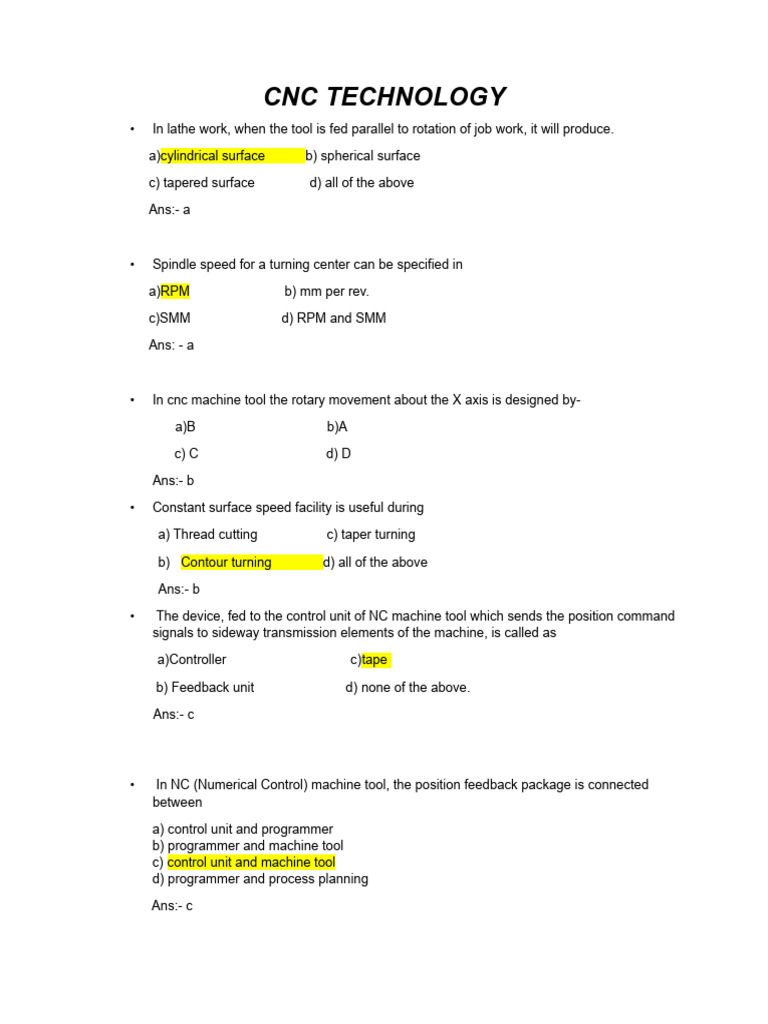 Cnc Technology Mcq Pdf Numerical Control Machining