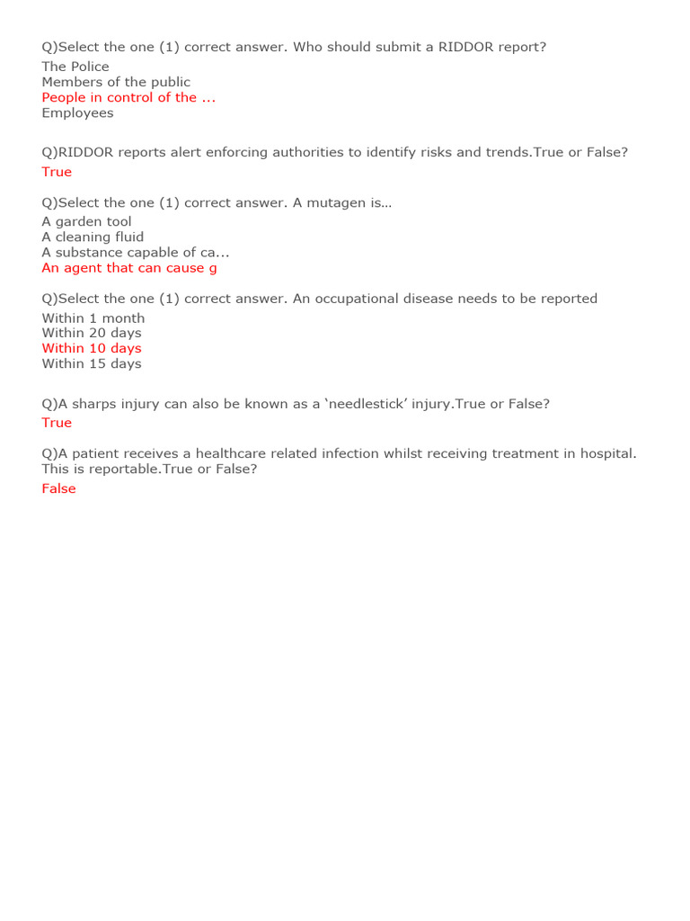 RIDDOR Reporting and Safety Quiz | PDF