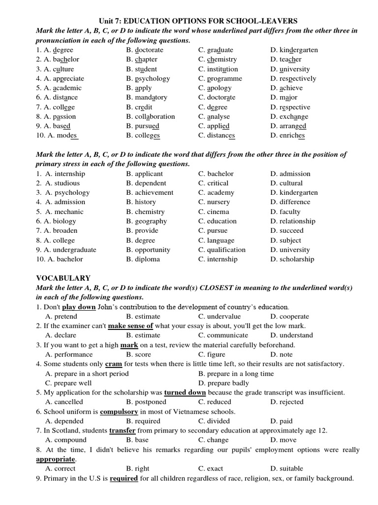 g11 Unit - Practice-Test | PDF | Schools | University