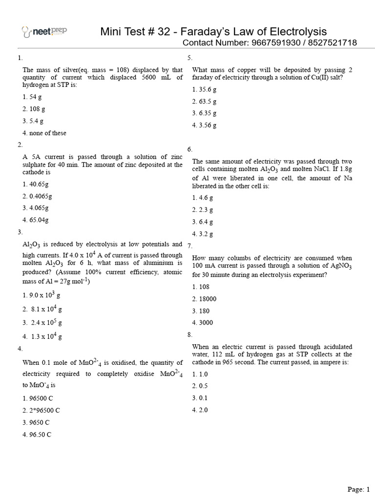 Faraday's Law of Electrolysis | PDF | Chemical Substances | Materials