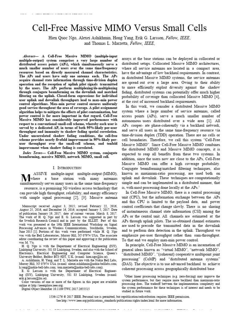 Cell-Free Massive MIMO Versus Small Cells | PDF | Mimo | Radio Technology