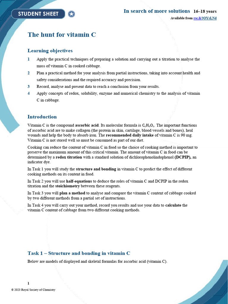 Vitamin C Content of Cabbage Student Support Sheet | PDF | Vitamin C ...