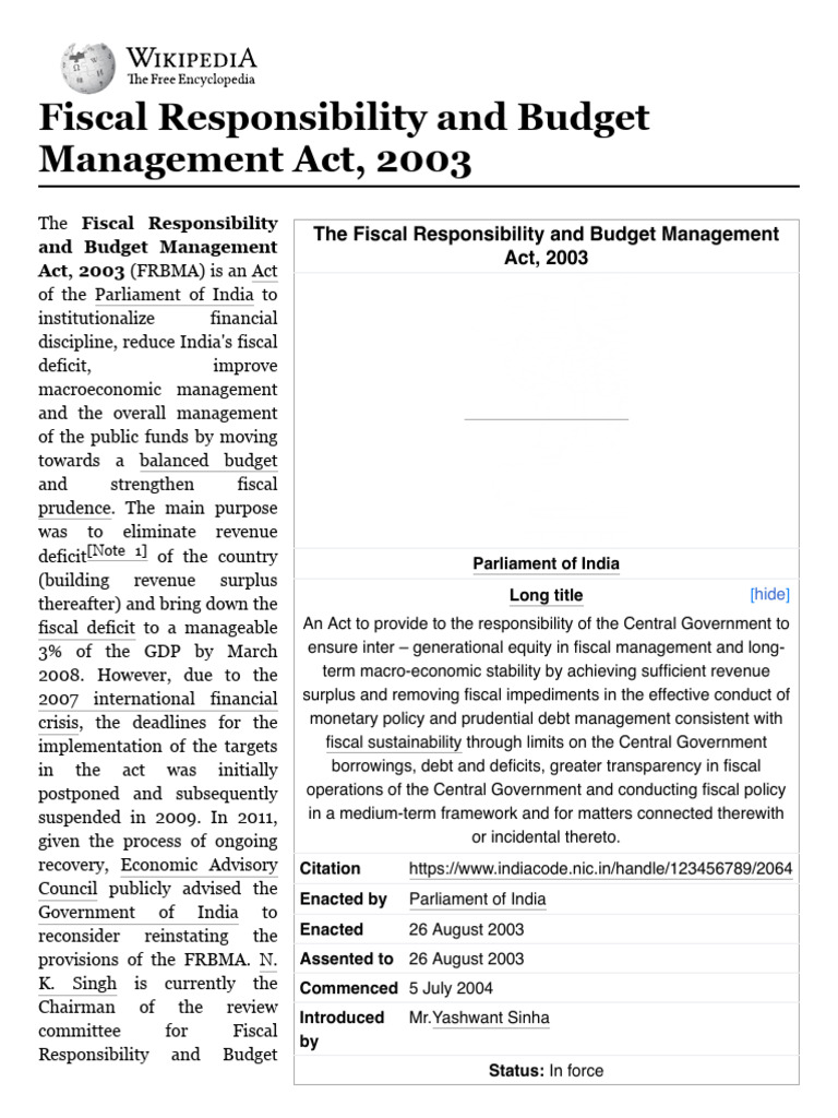 Fiscal Responsibility and Budget Management Act, 2003 - Wikipedia | PDF ...