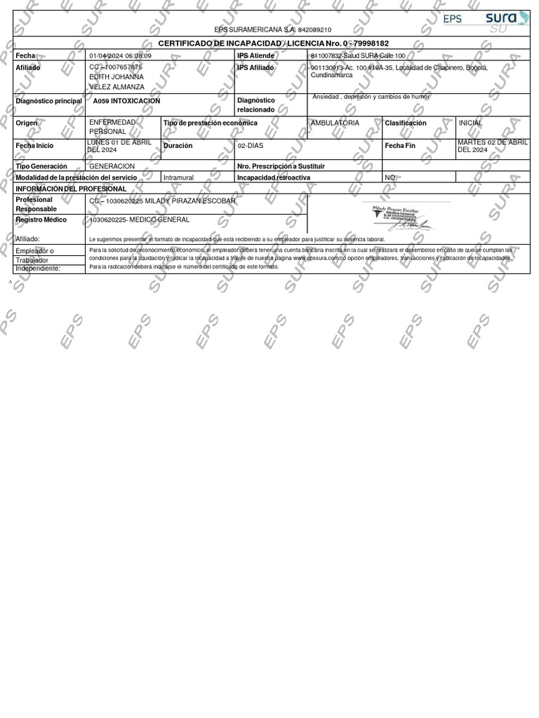 Eps Sura Incapacidad - Edith | PDF