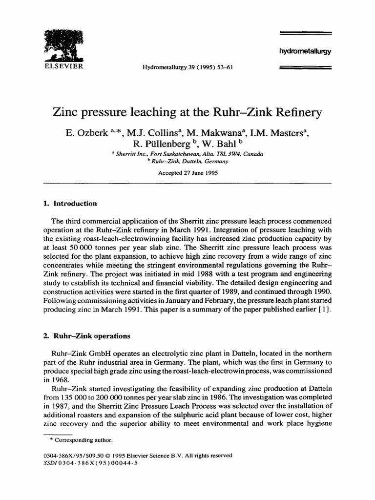 Zinc Pressure Leaching at Ruhr-Zink | PDF | Technology & Engineering