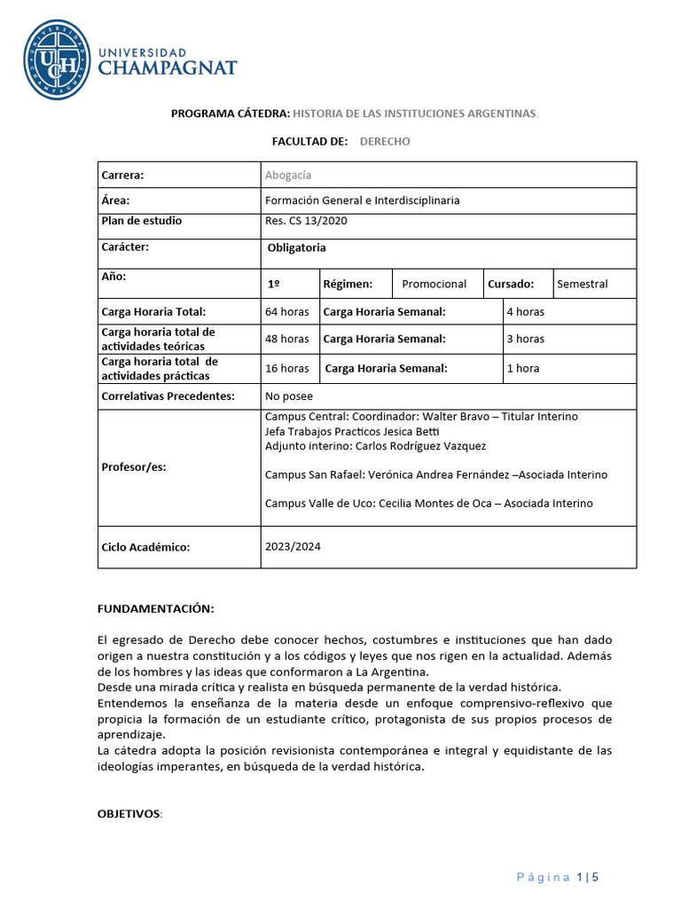 Programa Historia de Las Inst. Arg. 2023-2024 | PDF | Argentina