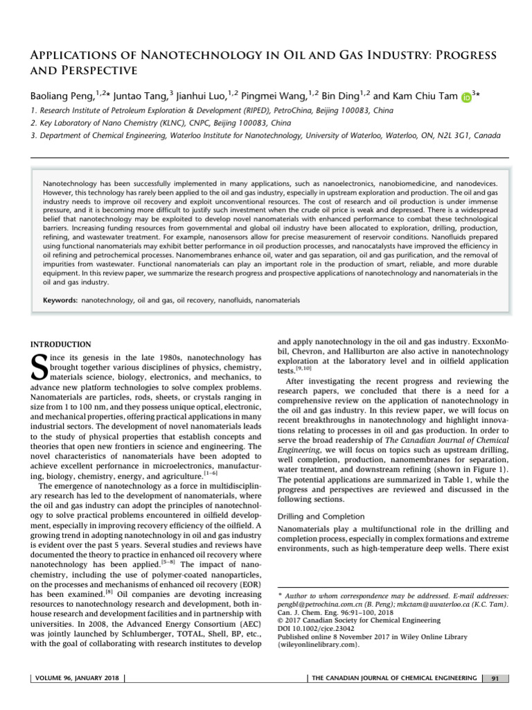 Can J Chem Eng - 2017 - Peng - Applications of Nanotechnology in Oil and Gas Industry Progress ...