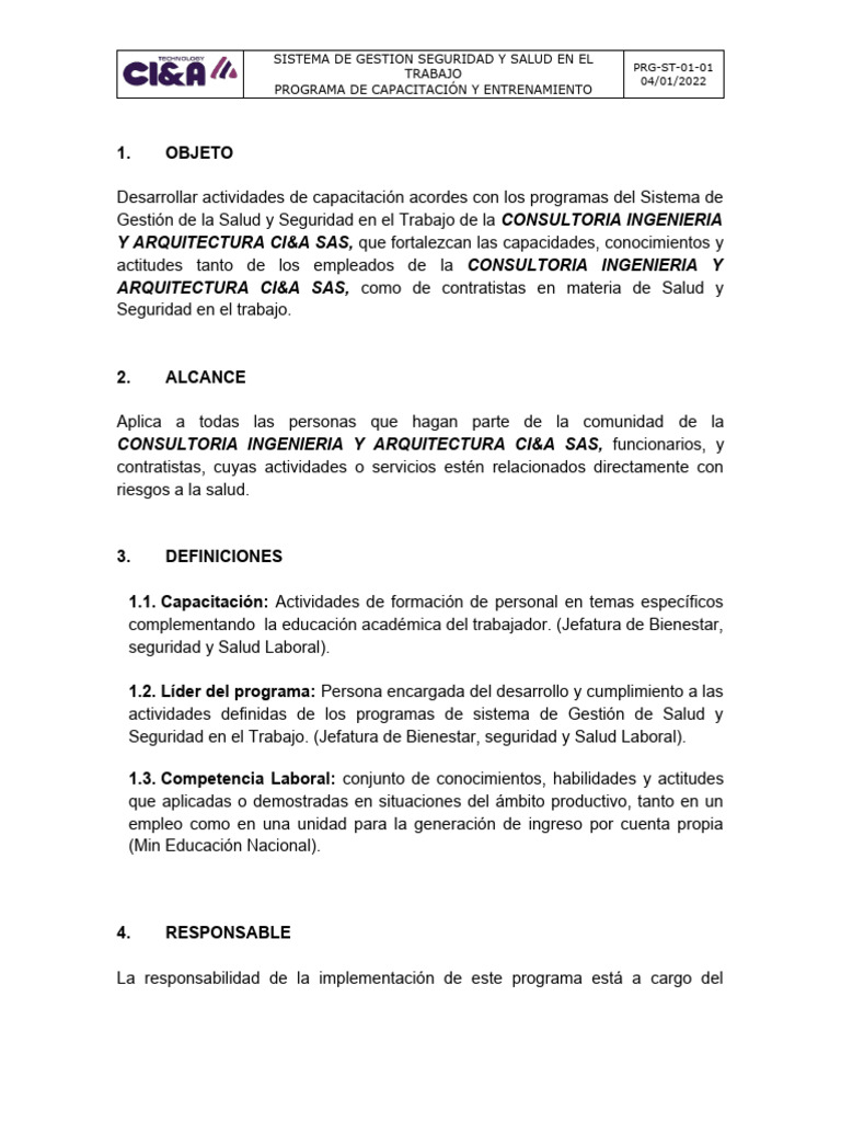 PRG-ST-01-01 Programa de Capacitacion y Entrenamiento (INDUCCION) | PDF | Negocios | Finanzas y ...