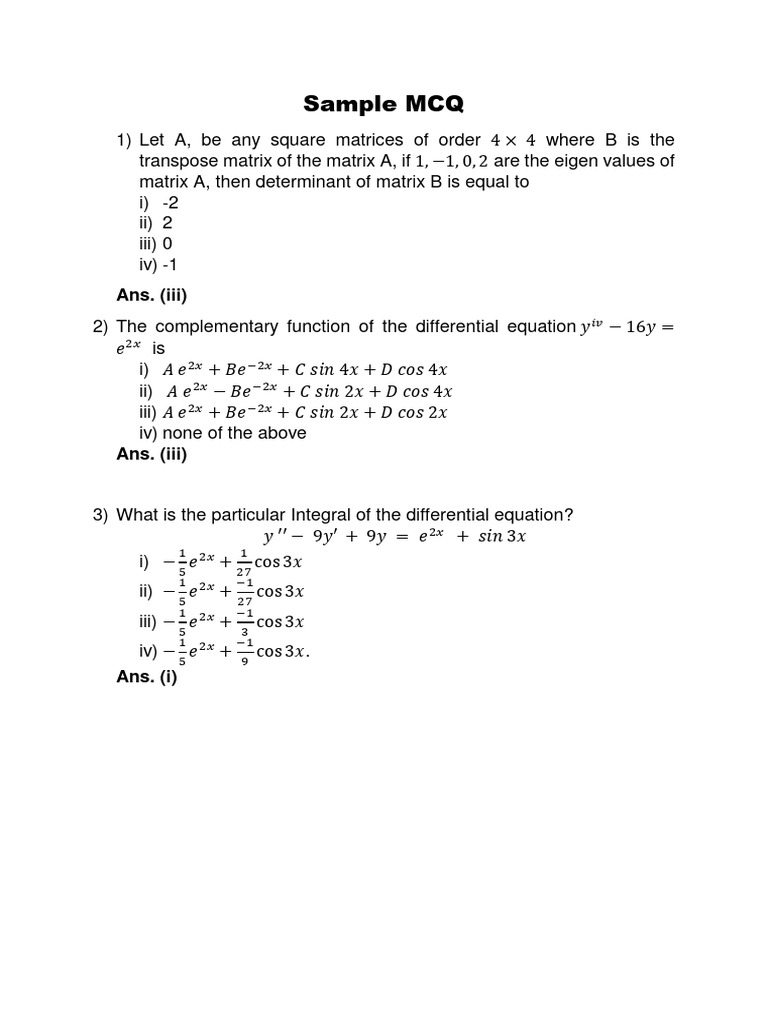 Sample MCQ | PDF | Matrix (Mathematics) | Functions And Mappings
