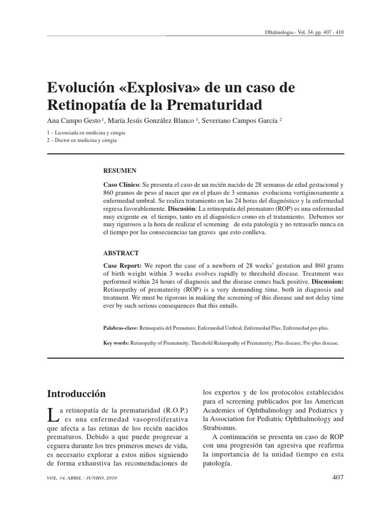 CASO CLINICO RETINOPATIA PREMATURO | PDF | Medicina CLINICA | Oftalmología CASO CLINICO RETINOPATIA PREMATURO | PDF | Medicina CLINICA | Oftalmología