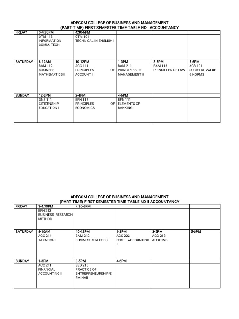 Part Time Class Time Table Pdf Computer Programming Accounting
