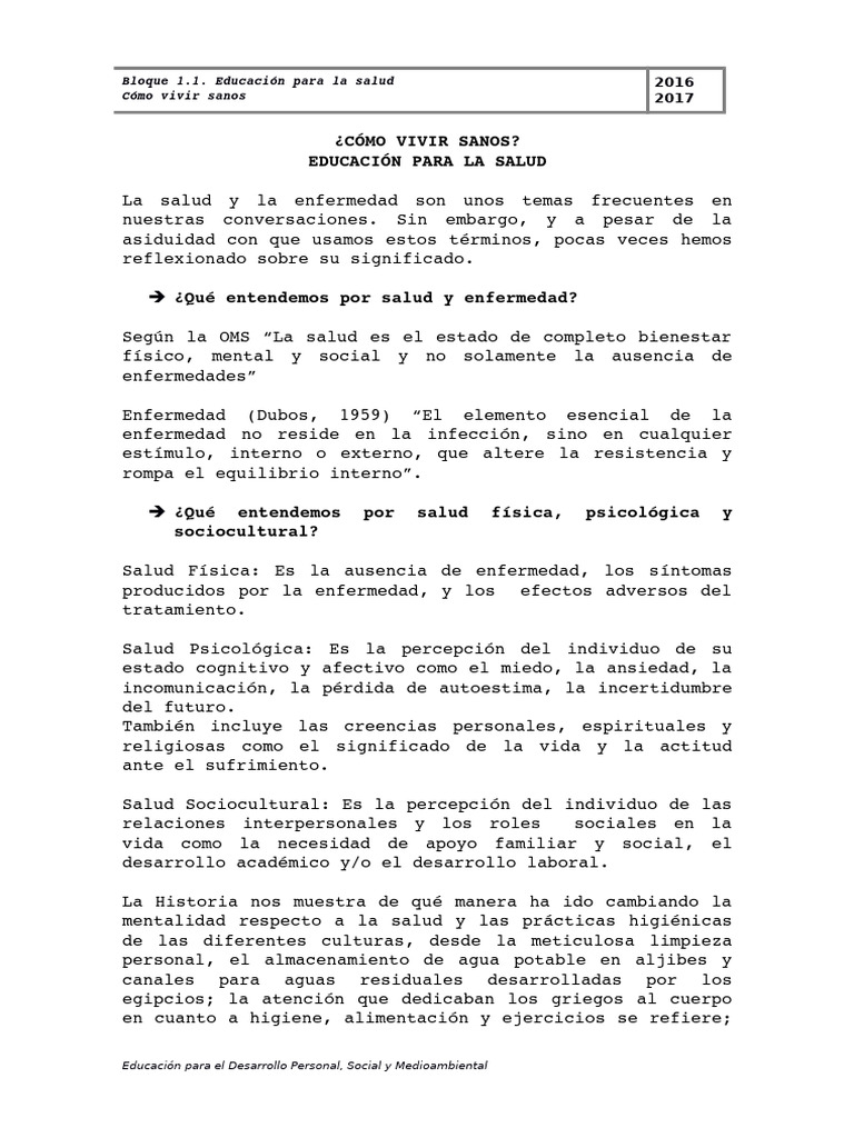 Apuntes Bloque 1.1_ Salud 'Cómo vivir sanos' | PDF