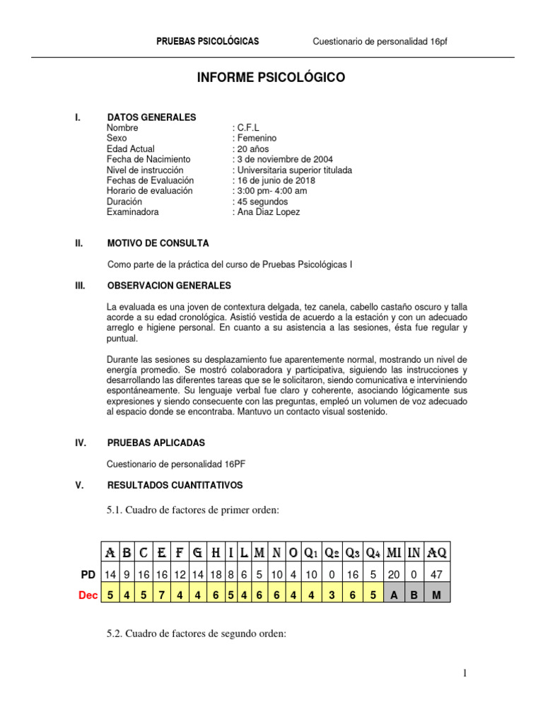 INFORME PSICOLÓGICO 16 PF Ultimo | PDF | Sicología | Ciencias del comportamiento