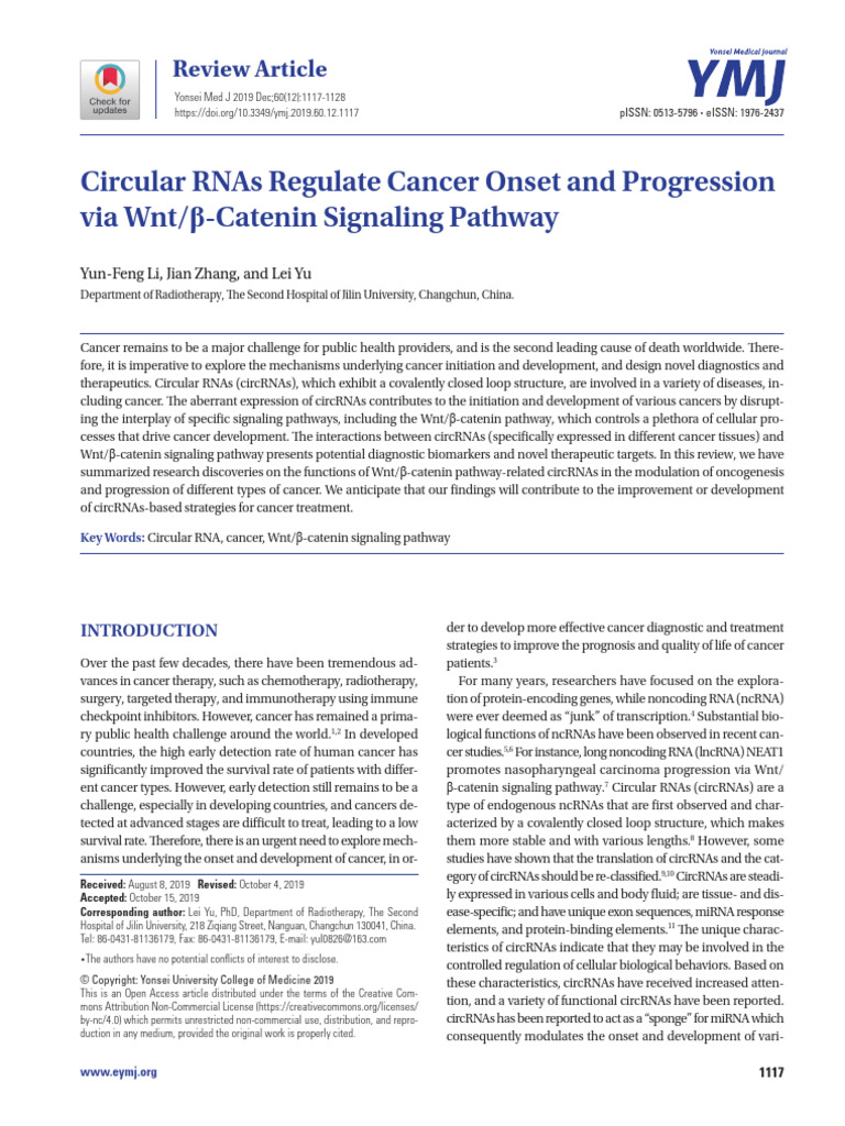 Circular RNAs Regulate Cancer Onset and Progression via Wnt/β-Catenin ...