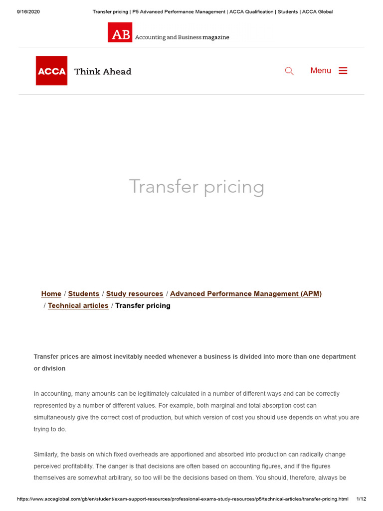 Transfer Pricing - P5 Advanced Performance Management - ACCA Qualification - Students - ACCA ...