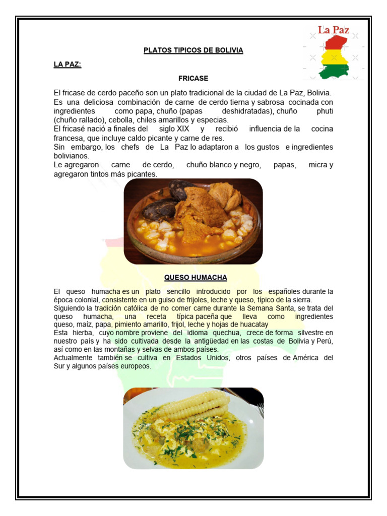 Platos Tipicos de Bolivia de Jose | PDF | Bolivia | Carne