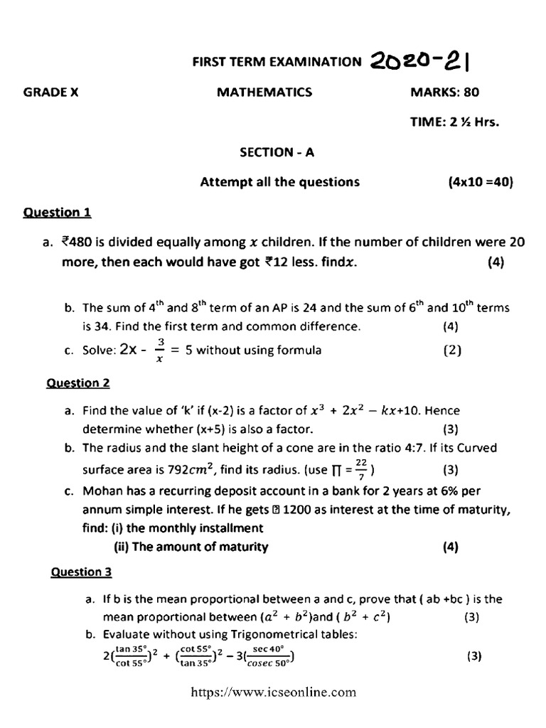 Icse Class 10 First Term Mathematics 220922 2021 | PDF