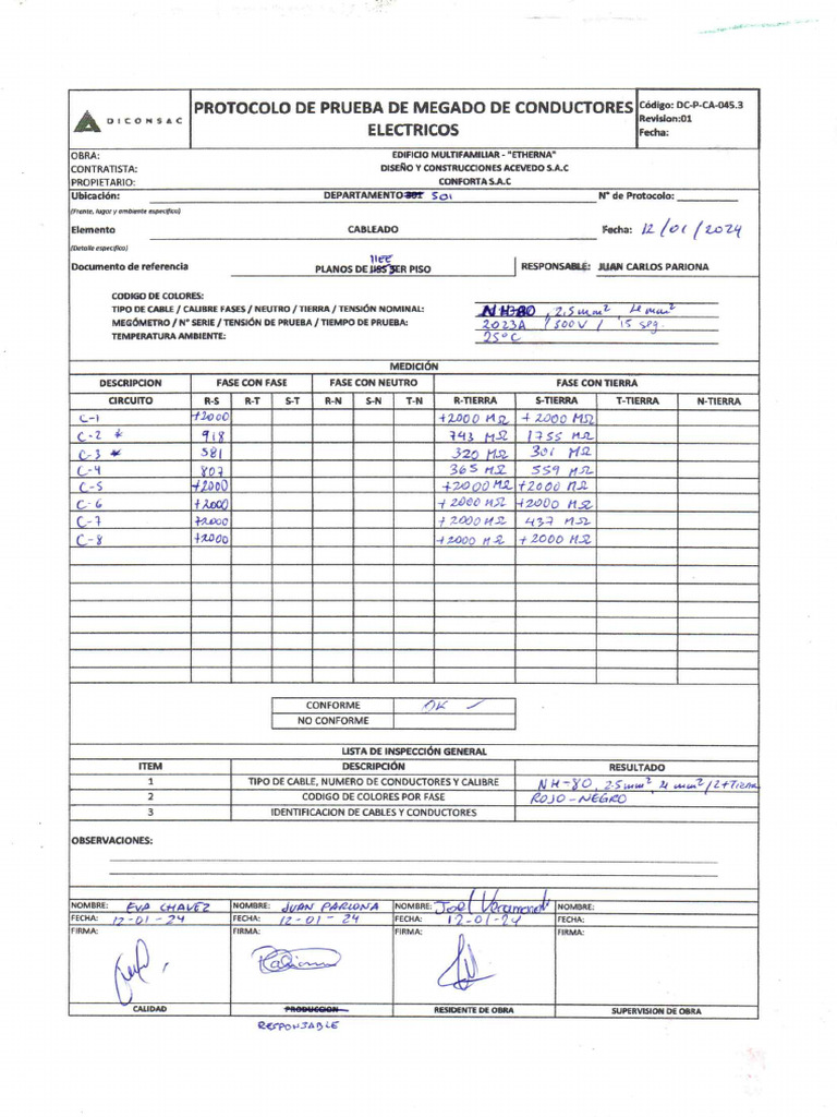 Protocolo de Prueba de Megado de Conductores Electricos | PDF