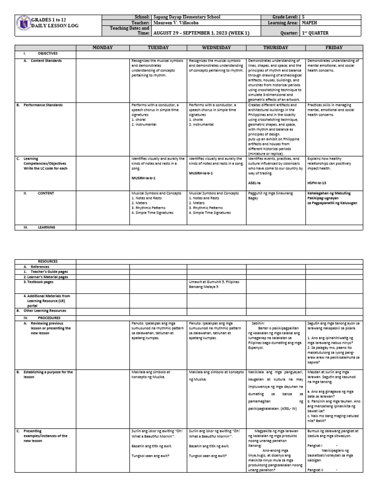 DLL_MAPEH 5_Q1_W1 ok | PDF