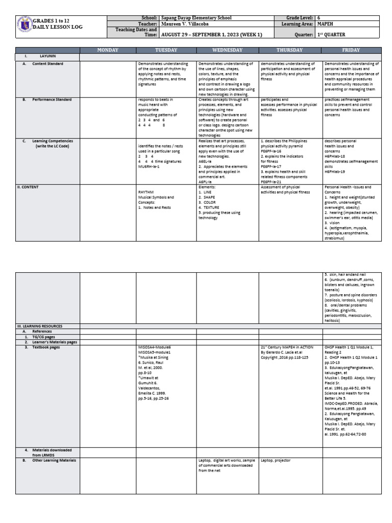 DLL - MAPEH 6 - Q1 - W1 Ok | PDF | Learning