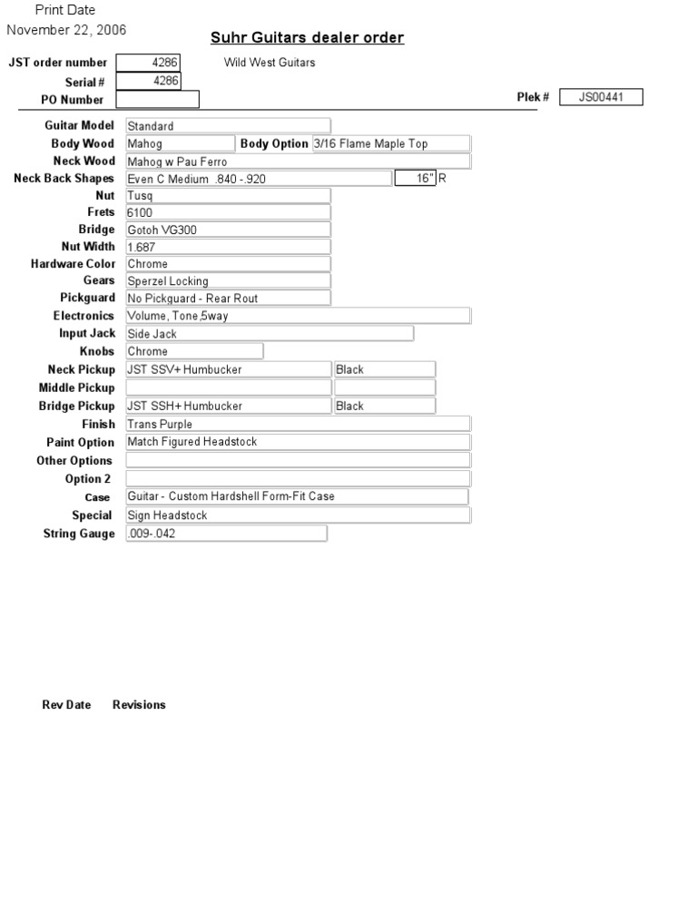 Suhr Guitars Custom Order Details | PDF