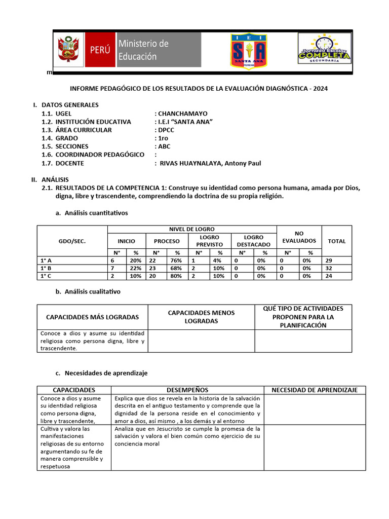 Informe PedagÓgico De Los Resultados De La EvaluaciÓn DiagnÓstica 8829