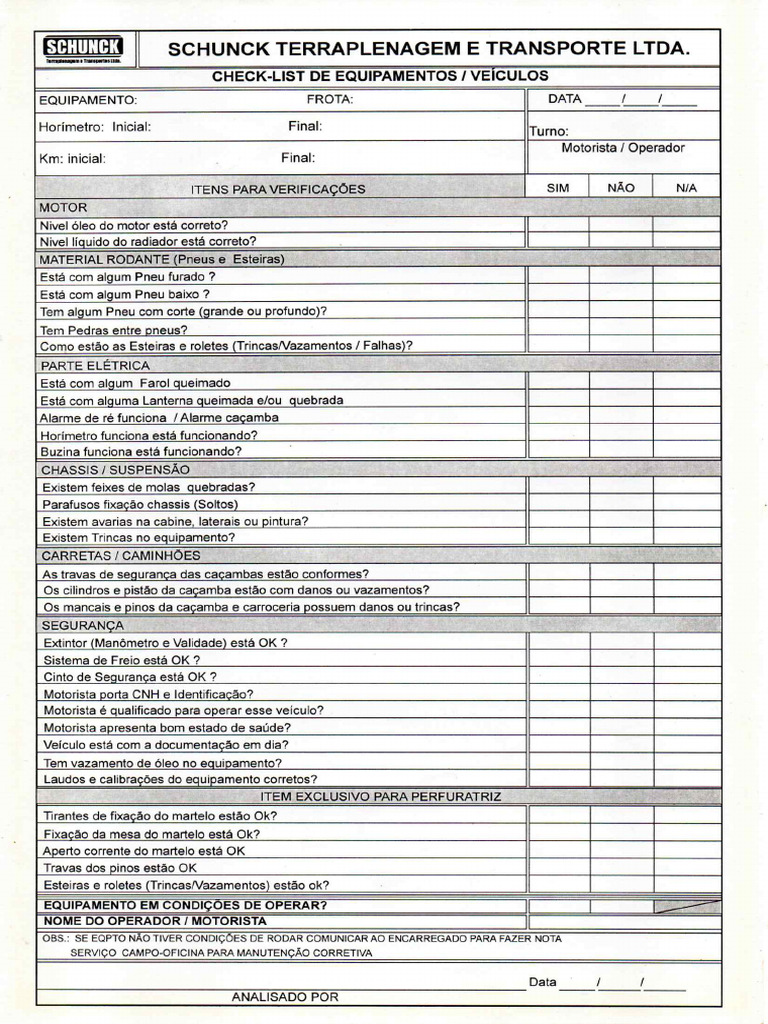 Check List Equipamento Pesado220240214 | PDF