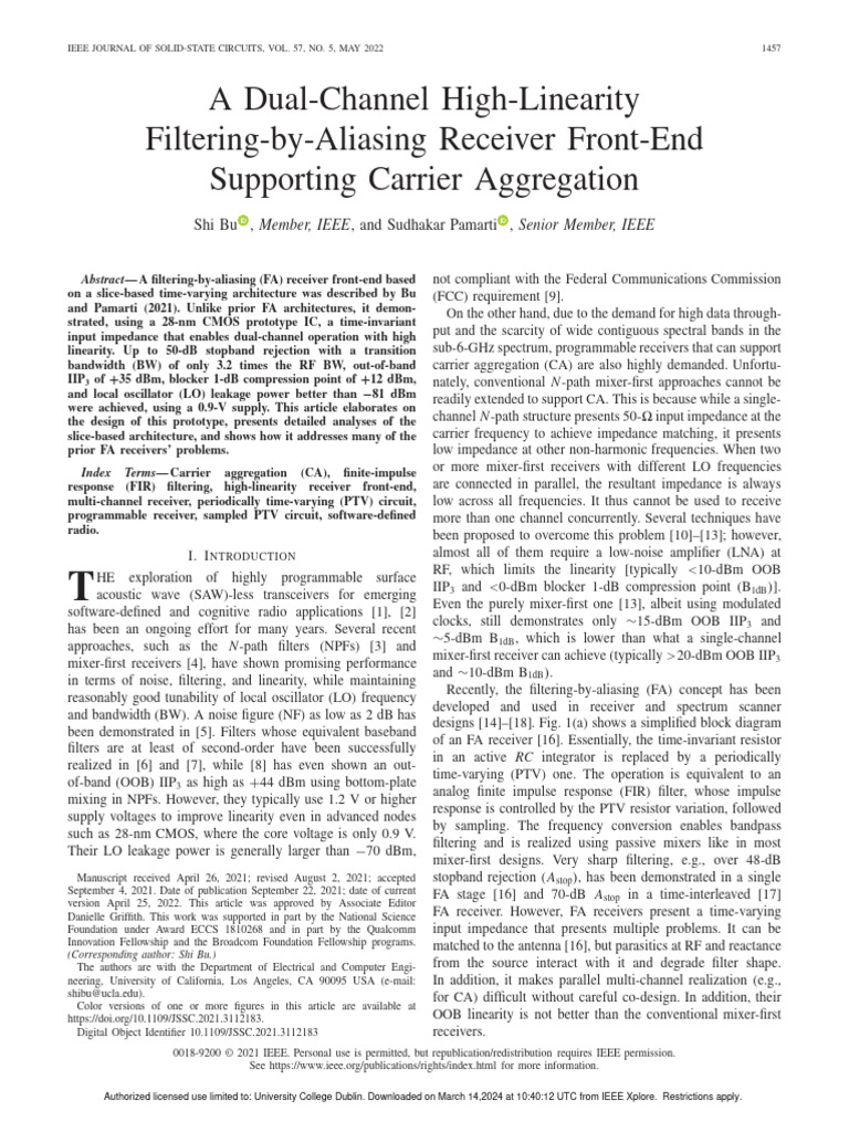 A Dual-Channel High-Linearity Filtering-by-Aliasing Receiver Front-End Supporting Carrier ...