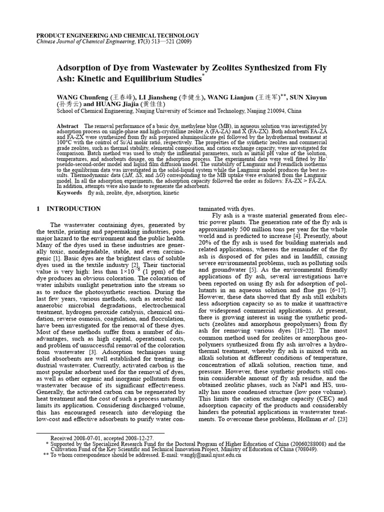 Adsorption of Dye From Wastewater by Zeolites Synthesized From Fly Ash ...