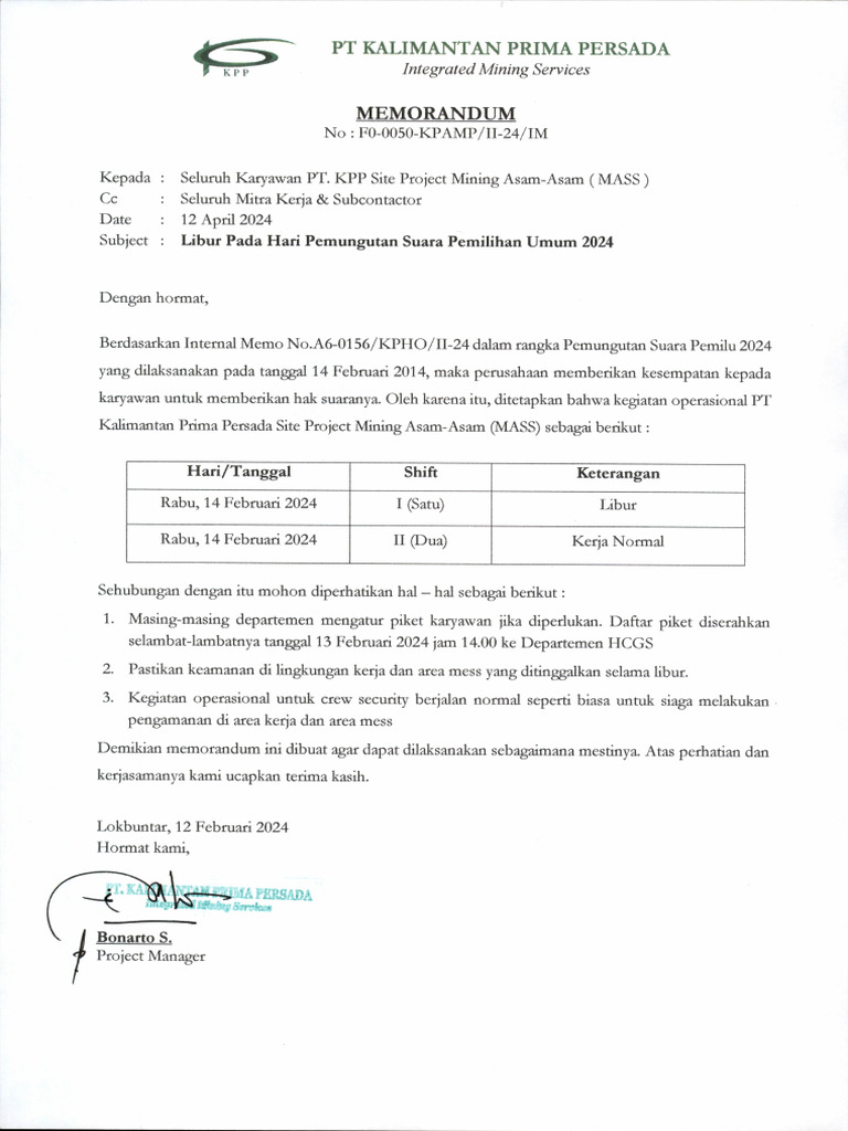Memo Libur Pada Hari Pemungutan Suara Pemilihan Umum 2024 | PDF