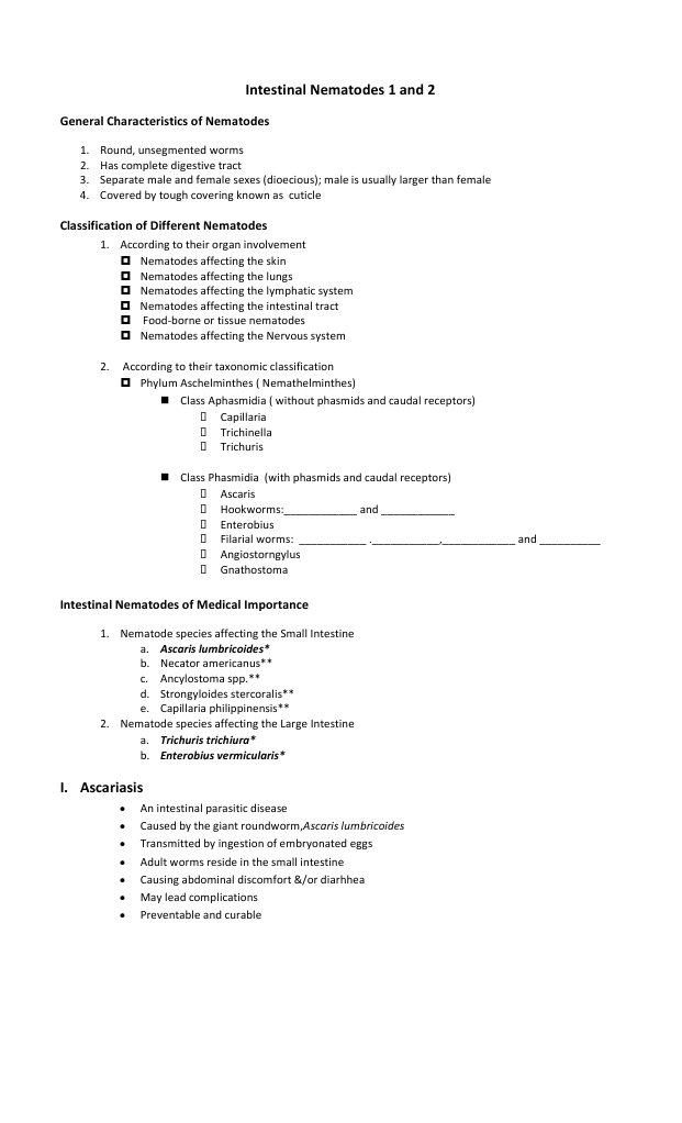 Rev Handout Intestinal Nematodes 1 and 2 | PDF | Science & Mathematics