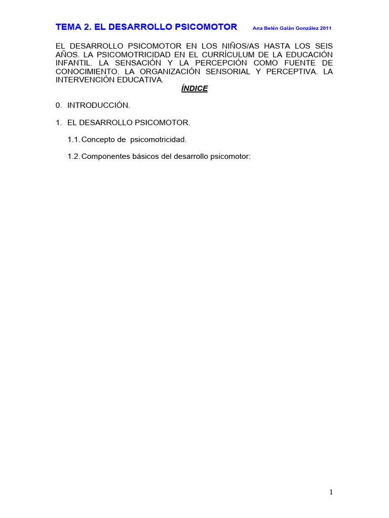 Desarrollo Psicomotor. Educación Infantil. | Descargar gratis PDF | Percepción | Sentidos