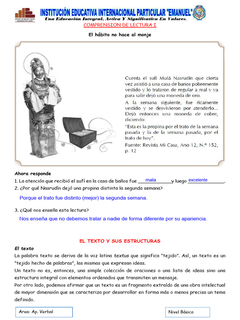 Comprensión de Lectura: Estructura de Textos | PDF | Verbo | Infantes