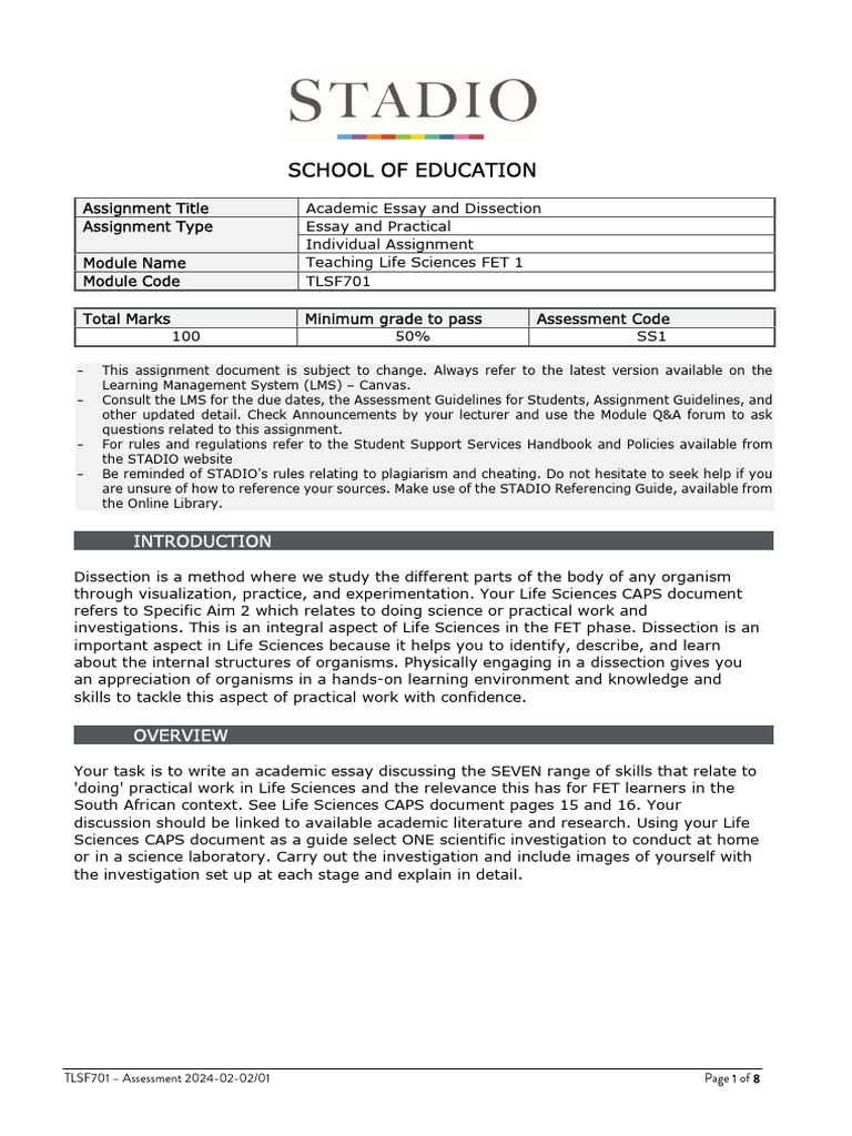 STADIO+Assignment+Template TLSF701-SS1+2024 | PDF | Turnitin ...