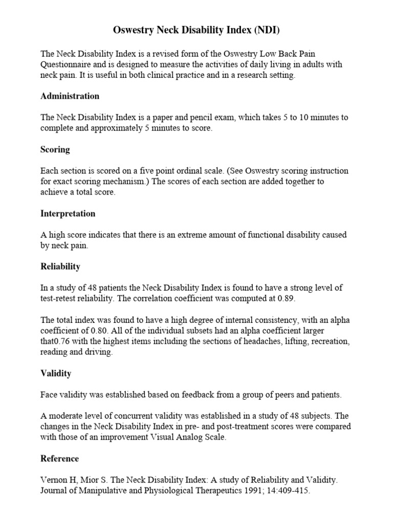 The Oswestry Neck Disability Index | PDF | Validity (Statistics) | Pain