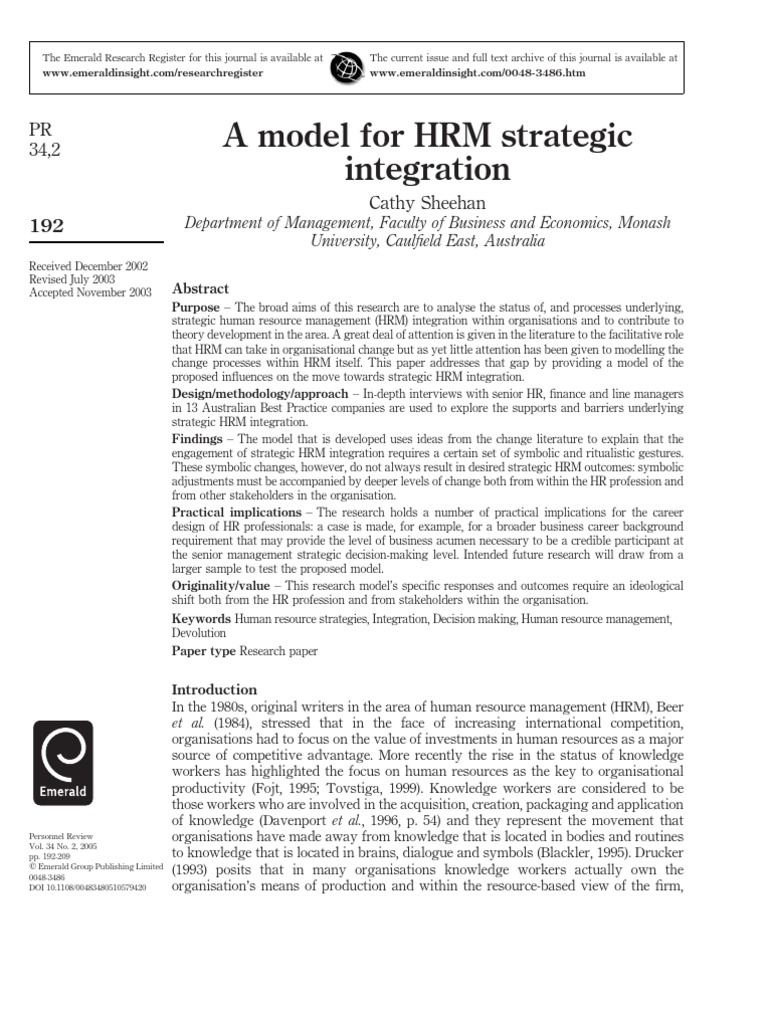2005-Sheehan-A Model For HRM Strategic Integration, Personnel Review ...