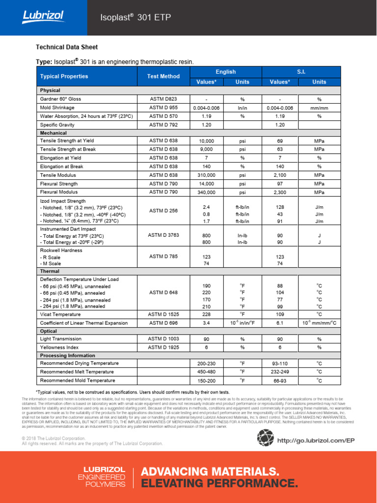 RTPU Isoplast 301 - Lubrizol | PDF | Strength Of Materials | Materials