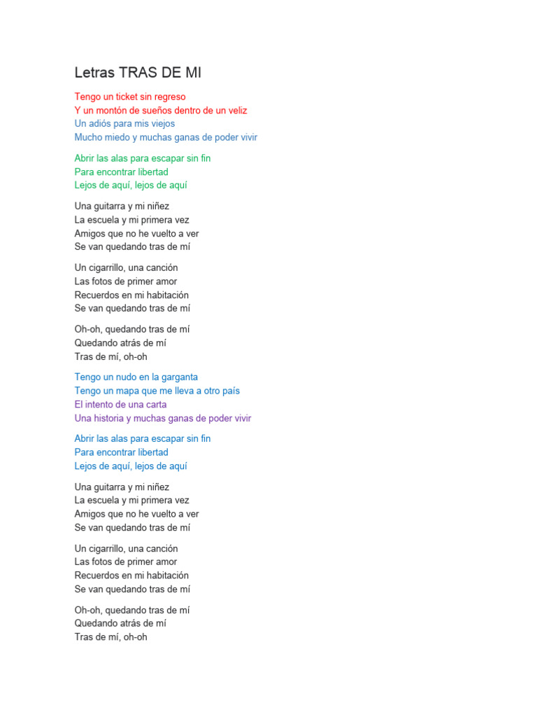 Letras TRAS DE MI | PDF