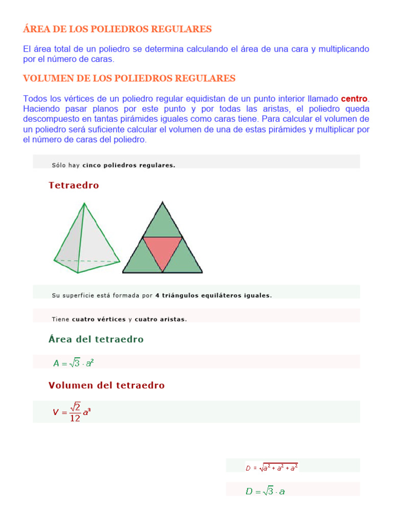 Área y volumen de poliedros regulares | PDF | Métodos y materiales de ...