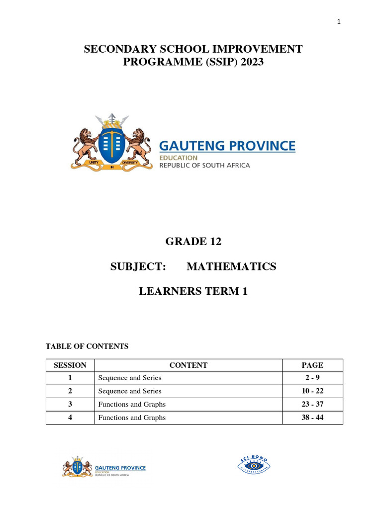 SSIP 2023 LEARNERS' NOTES Term 1 Mathematics ( Session 1 - Session 4 ...