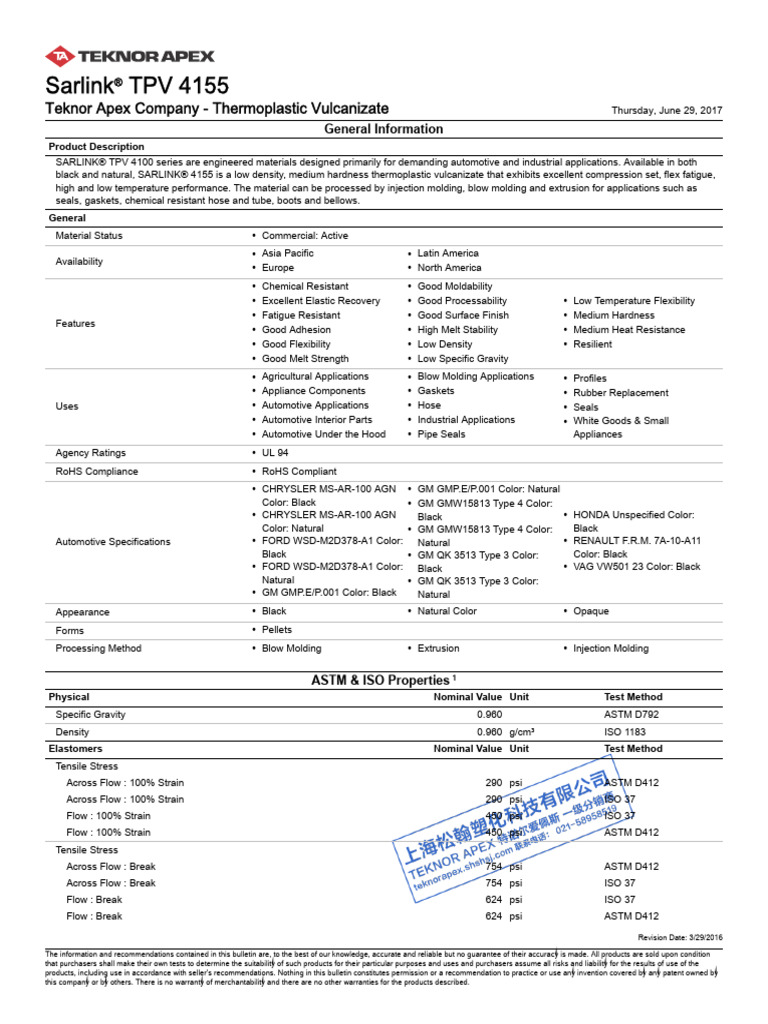 TPE-TPV Sarlink 4155 Teknor Apex - 2017 | PDF | Materials | Building ...
