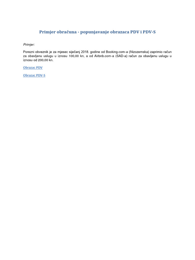 Primjer Obračuna - Popunjavanje Obrazaca PDV I PDV - S - Novo | PDF