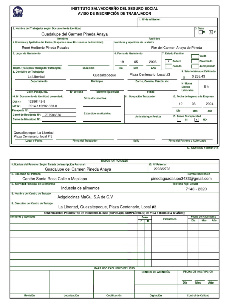 Inscripcion Trabajador ISSS | PDF | Documento de identidad