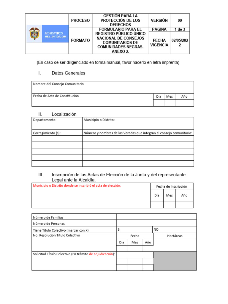 Anexo 2. Formulario Registro Publico Unico Nacional Consejos Comunitarios Com Negras. VR 09 02 ...
