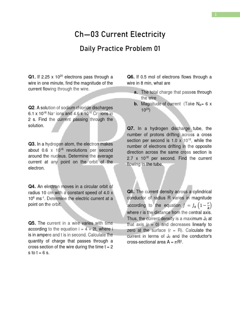 Current Electricity DPP - 01 (Of Lect 01) | PDF | Electron | Electric Current