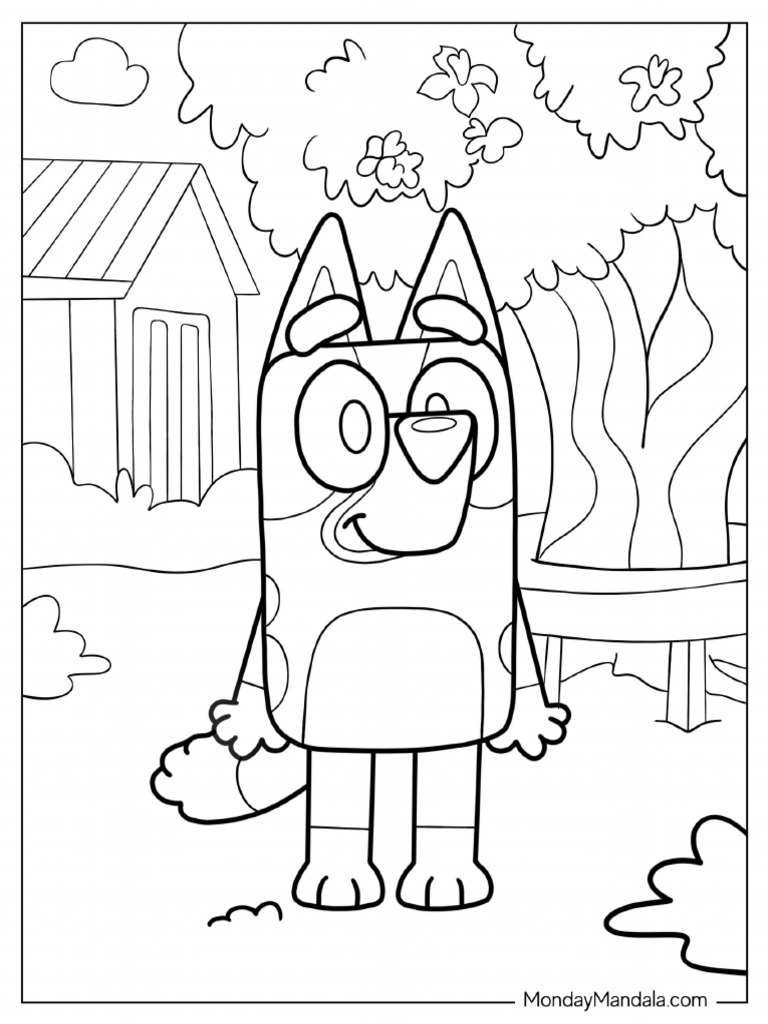 Happy-Bluey-Standing-In-Backyard-Coloring-Sheet | PDF