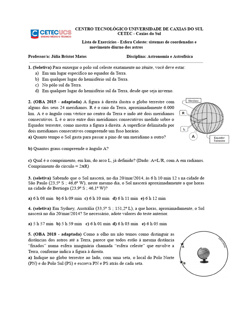 Lista de Exercícios - Esfera Celeste | PDF | Terra | Astronomia
