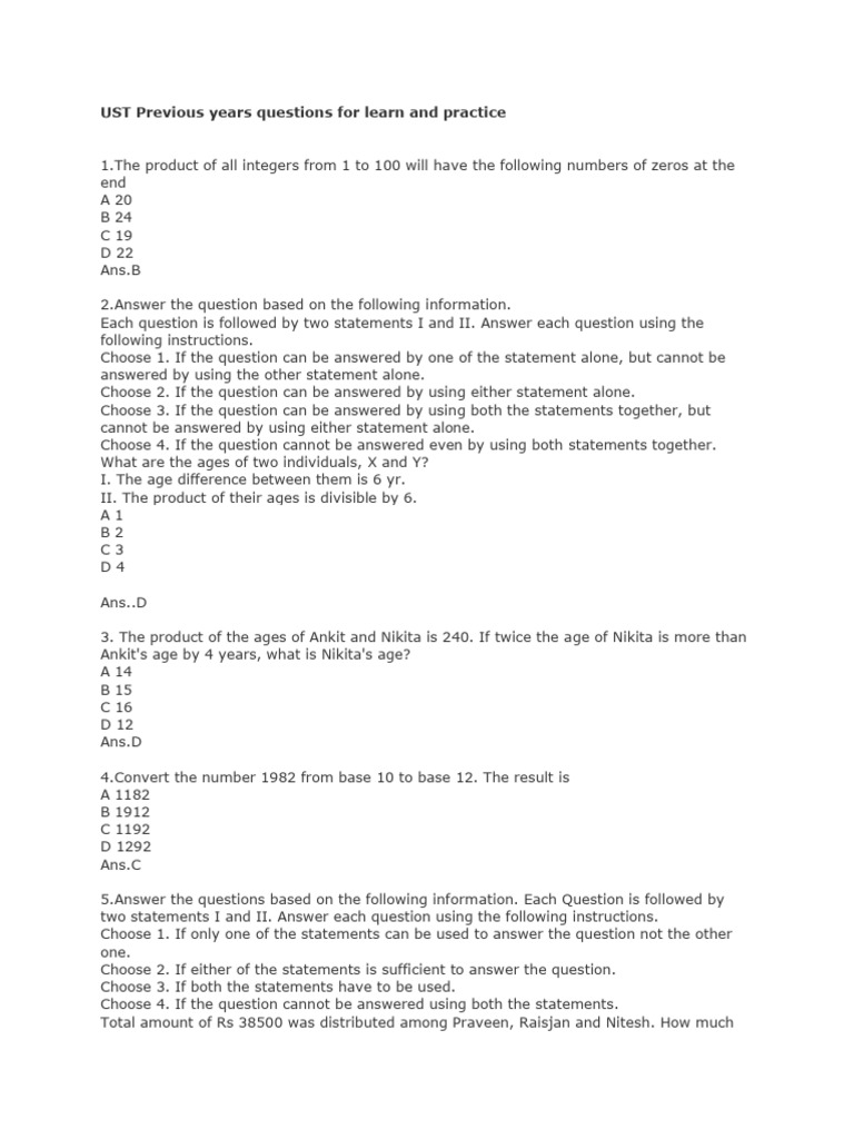 UST Previous Year Question Set | PDF | Question