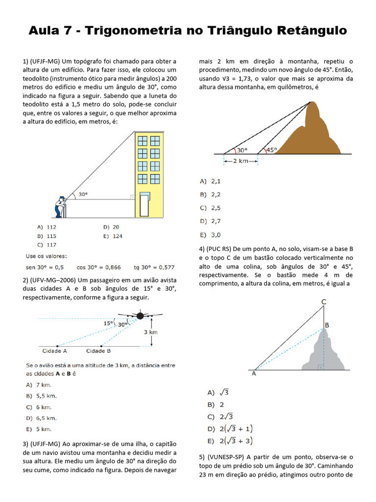 Lista de Exercícios - Trigonometria No Triângulo Retângulo | PDF | Trigonometria | Triângulo
